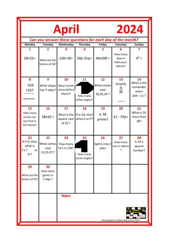 Maths Monthly Calendar for April 2024 | Teaching Resources