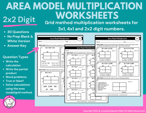 Grid Method / Area Model Multiplication Worksheets | Teaching Resources