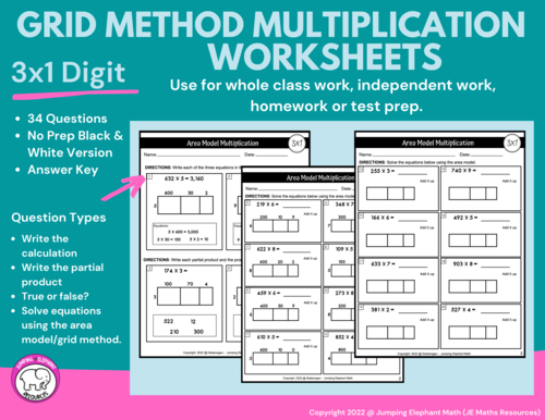 Grid Method / Area Model Multiplication Worksheets | Teaching Resources