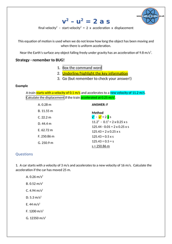 v2 - u2 = 2as Equations of Motion - GCSE AQA Physics - Uniform Acceleration Equation | Teaching ...