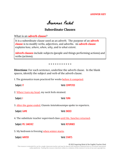 Grammar Practice Worksheet on Subordinate Clauses | Teaching Resources