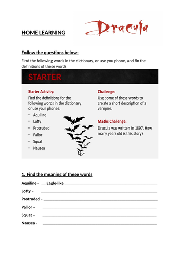 A full, 3+ hour lesson, AQA English Language Paper One- Dracula ...