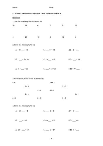 12 Worksheets for Maths Y1 UK Curriculum | Teaching Resources