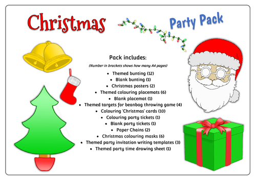 Christmas Party Pack (EYFS) - placemats, bunting, masks, and more ...