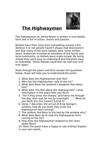 Classic and Narrative Poems The Highwayman Alfred Noyes Planning ...