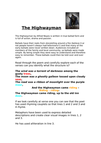 Classic and Narrative Poems The Highwayman Alfred Noyes Planning ...