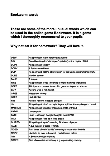 Bookworm words | Teaching Resources