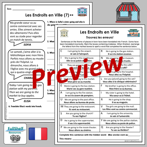 French Places in Town En Ville Worksheets | Teaching Resources