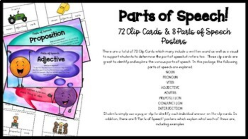 Set 1 - Parts of Speech Clip Cards and Posters - Grammar - Autism SPED ...