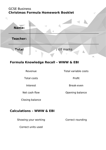 GCSE Business - Formula Homework Booklet | Teaching Resources