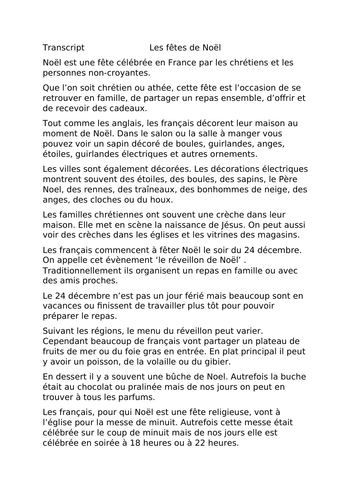 Les fetes de Noel (listening/comprehension task) year 10 and 11 ...