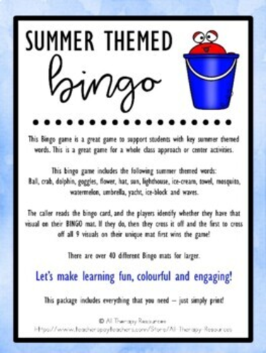 Summer Themed Vocabulary Language Bingo Game - End of Year Activity ...