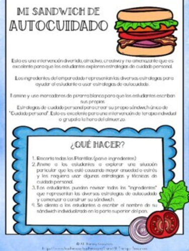 SPANISH VERSION - Self Care Sandwich - Self Care Strategies | Teaching ...