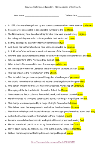 Normanisation of the Church - video questions, differentiated ...