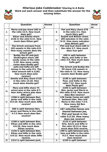 Christmas Themed Maths Joke Codebreaker - Sharing in A Ratio | Teaching ...