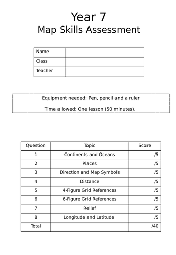 Map Skills End of Topic Assessment | Teaching Resources