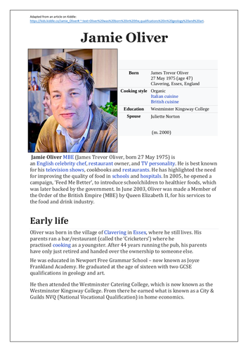 Jamie Oliver - Reading Comprehension Session! | Teaching Resources