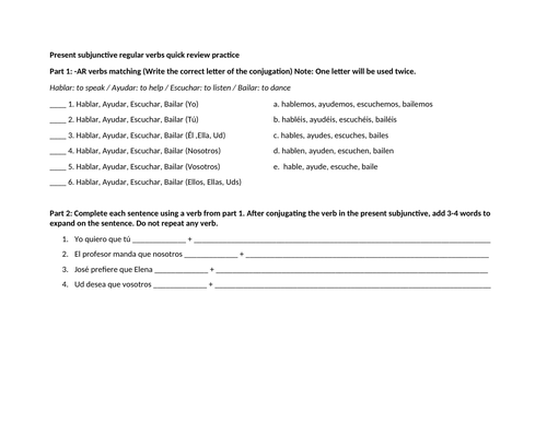 Present subjunctive regular verbs quick review practice | Teaching ...