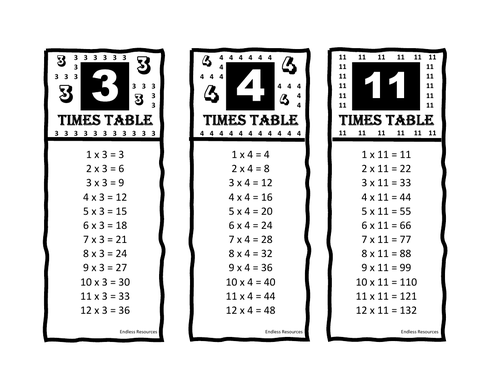 3, 4 and 11 Times Table Resources Pack - Dominoes, Cards, Tests and ...