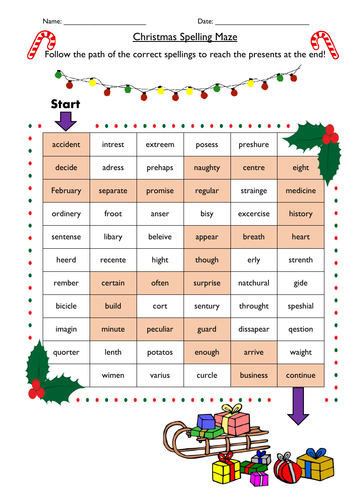 Multi-pack Christmas Themed Year 3/4 Spelling Maze Activity | Teaching ...