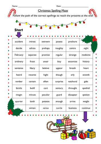 Multi-pack Christmas Themed Year 3/4 Spelling Maze Activity | Teaching ...