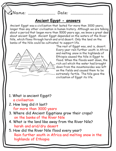 Ancient Egypt Reading Passages Unit - Comprehension Questions ...