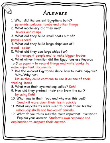 Ancient Egypt Reading Passages Unit - Comprehension Questions ...