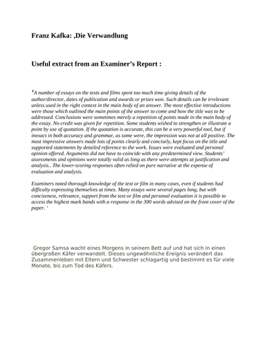 Franz Kafka: Die Verwandlung - guidance notes A* ESSAY; GERMAN A LEVEL ...