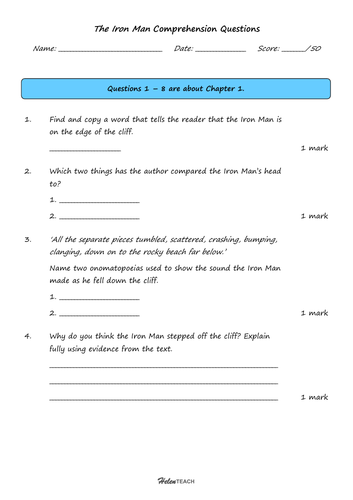 The Iron Man Comprehension Question Booklet Whole Novel | Teaching ...
