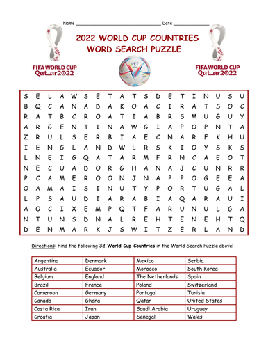 2022 World Cup Countries Word Search Puzzle | Teaching Resources