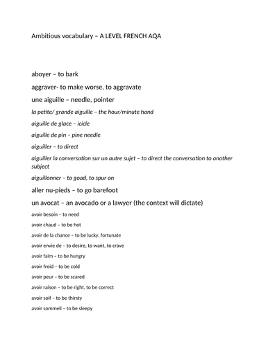 French Language Verb; Vocabulary Revision ; Ambitious VERBS A LEVEL ...