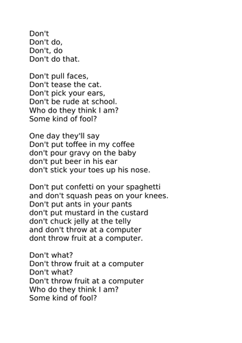 Don't - by Michael Rosen. Poetry pack. | Teaching Resources