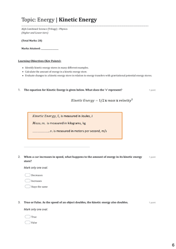 AQA GCSE Physics Topic: Energy Self-Assessment Revision Questions [For ...