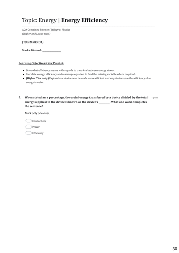 AQA GCSE Physics Topic: Energy Self-Assessment Revision Questions [For 2023 Exam onwards ...
