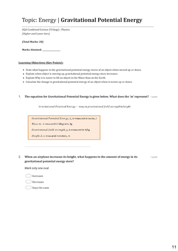 AQA GCSE Physics Topic: Energy Self-Assessment Revision Questions [For ...