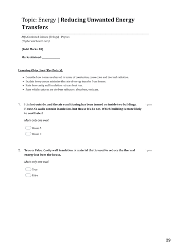 AQA GCSE Physics Topic: Energy Self-Assessment Revision Questions [For ...