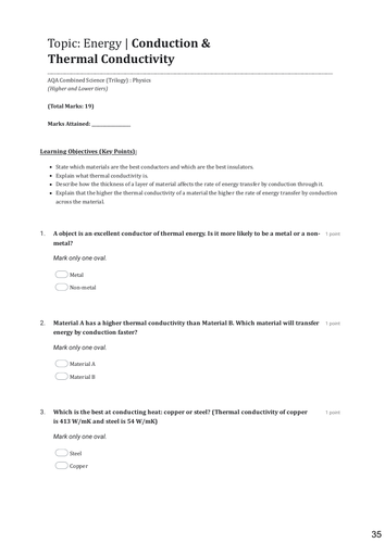 AQA GCSE Physics Topic: Energy Self-Assessment Revision Questions [For ...