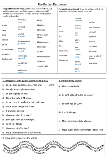 The perfect past tense with avoir and être worksheet (conti style ...