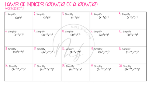 Laws of Indices (Power of a Power) Worksheets | Teaching Resources