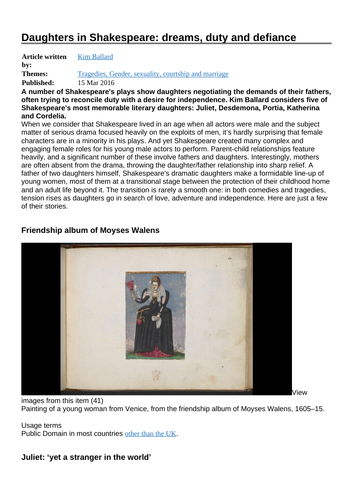 Daughters in Shakespeare | Teaching Resources