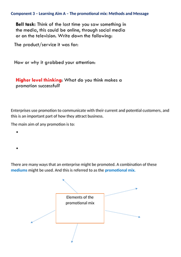BTEC TECH Enterprise 2022 Component 3 Learning Aim A Promotion | Teaching Resources