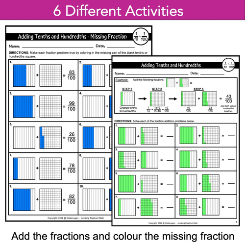 Adding Tenths and Hundredths using Visual Models Fractions Worksheets ...