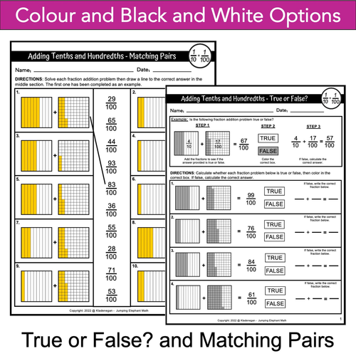 Adding Tenths and Hundredths using Visual Models Fractions Worksheets ...
