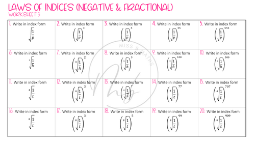 Laws of Indices (Fractional & Negative Powers) Worksheets | Teaching ... Laws of Indices (Fractional & Negative Powers) Worksheets | Teaching ...