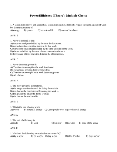 WORK AND ENERGY UNIT Multiple Choice Grade 11 Physics WITH ANSWERS ...