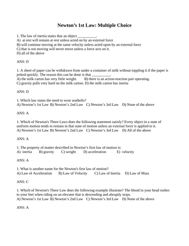 NEWTON'S LAWS MULTIPLE CHOICE Grade 11 Physics Inertia Fnet=ma WITH ...