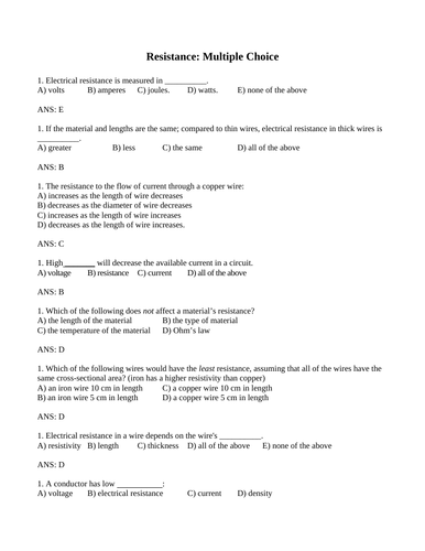 MULTIPLE CHOICE ELECTRICITY UNIT Multiple Choice Grade 11 Physics WITH ANSWERS (84 PAGES ...