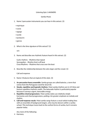 OCR Rhythms of the World - Samba (Includes listening quiz, worksheets ...