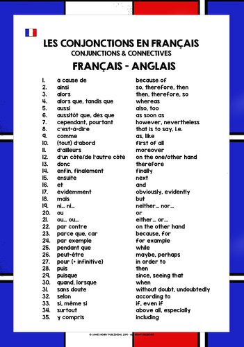 FRENCH CONJUNCTIONS CONNECTIVES LIST | Teaching Resources