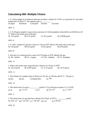 GASES UNIT MULTIPLE CHOICE WITH ANSWERS Gas Laws, Theory, Gas ...